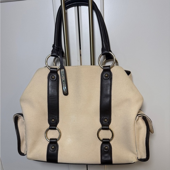 ANTONIO MELANI | Bags | Antonio Melani Cream Canvas Brown Leather Tote ...